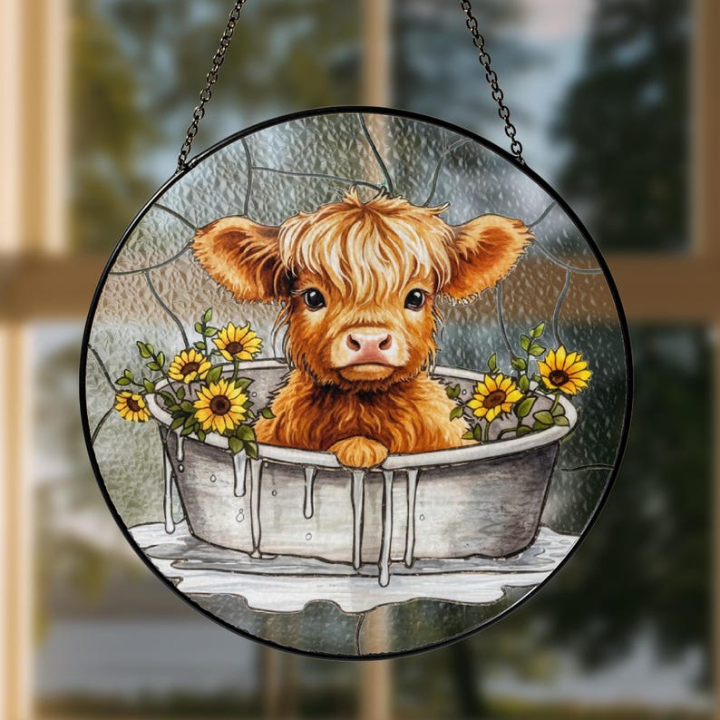 Highland Cow Stained Glass Suncatcher, Sunflower Window Panel ...