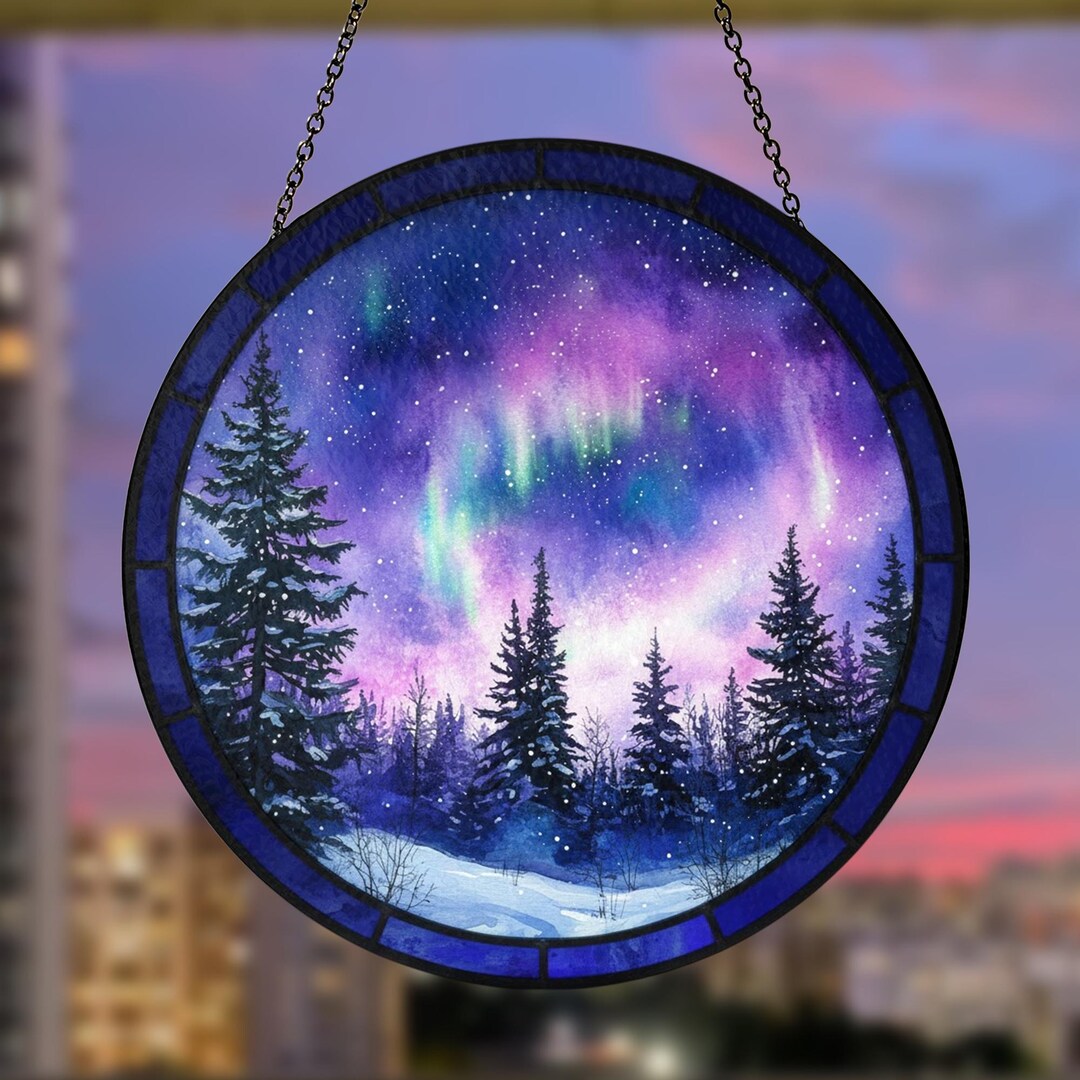 Northern Lights Aurora GLASS 2D Flat SUNCATCHER Forest Aurora Acrylic ...