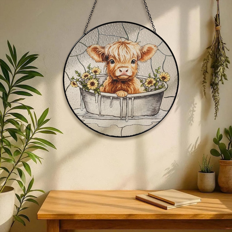 Highland Cow Stained Glass Suncatcher, Sunflower Window Panel ...