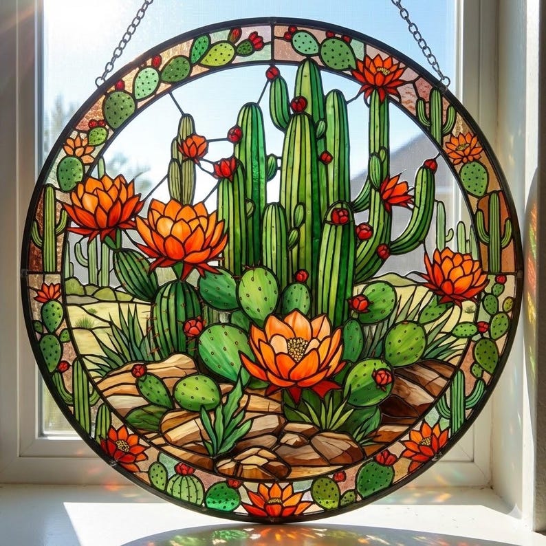 Cactus Stained Glass Suncatcher, Window Hanging Decor, Indoor Outdoor ...