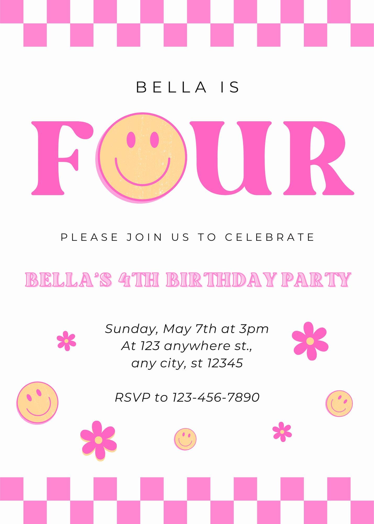 Pink Checkered Smiley Birthday Invitation - Editable Digital Invite - Etsy
