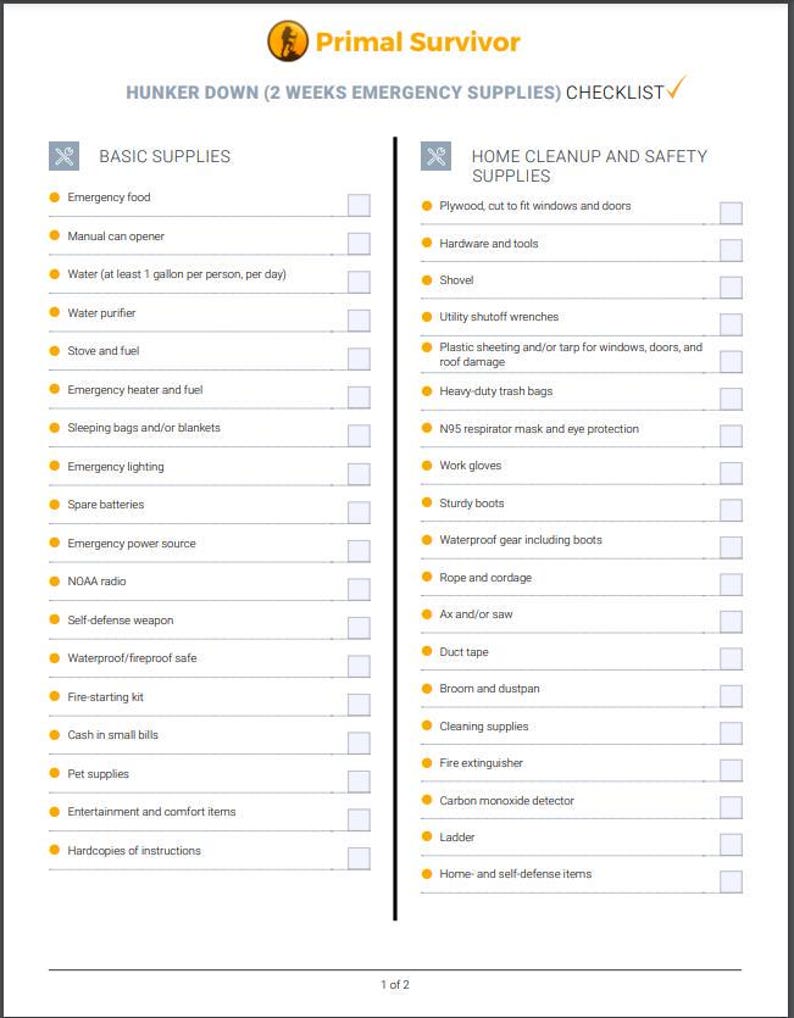 2-week Emergency Supply Prepping Checklist - Hunker Down Checklist ...