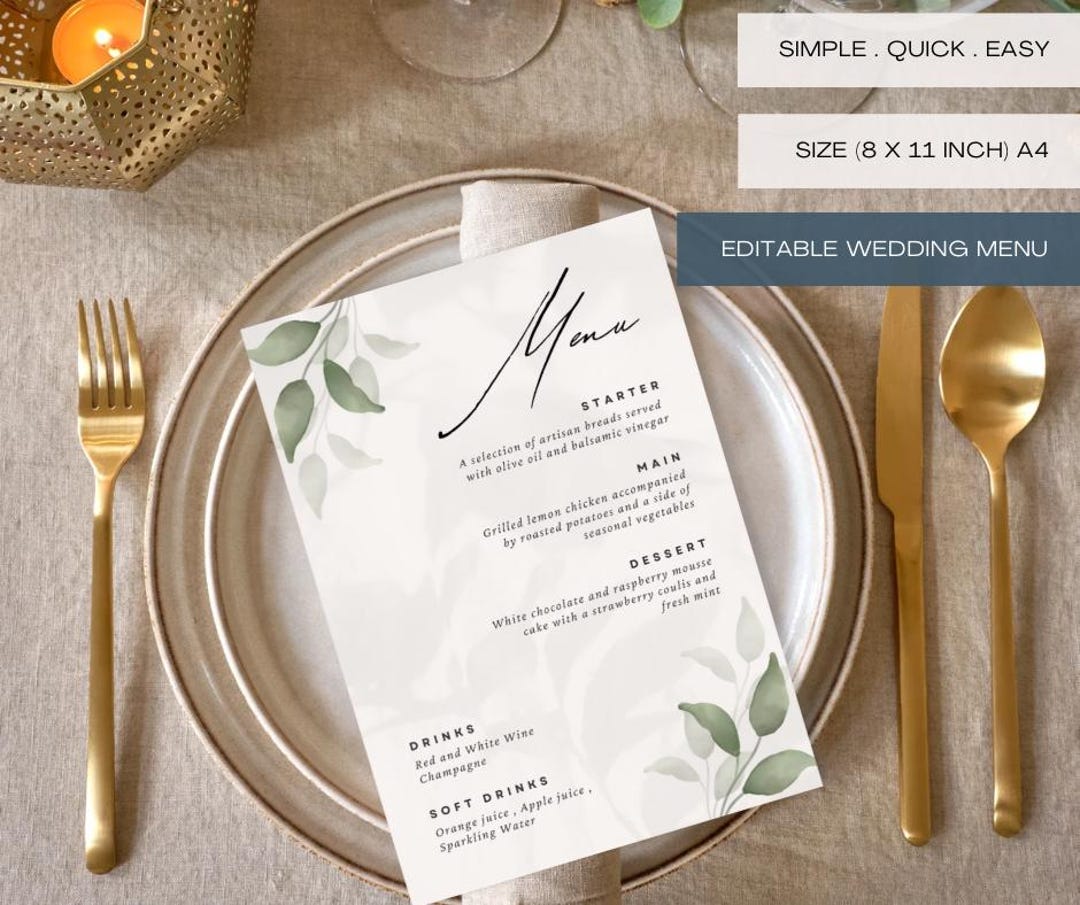 Wedding Menu Template, Printable Menu Card, 8x11, 4x9 Wedding Menu ...