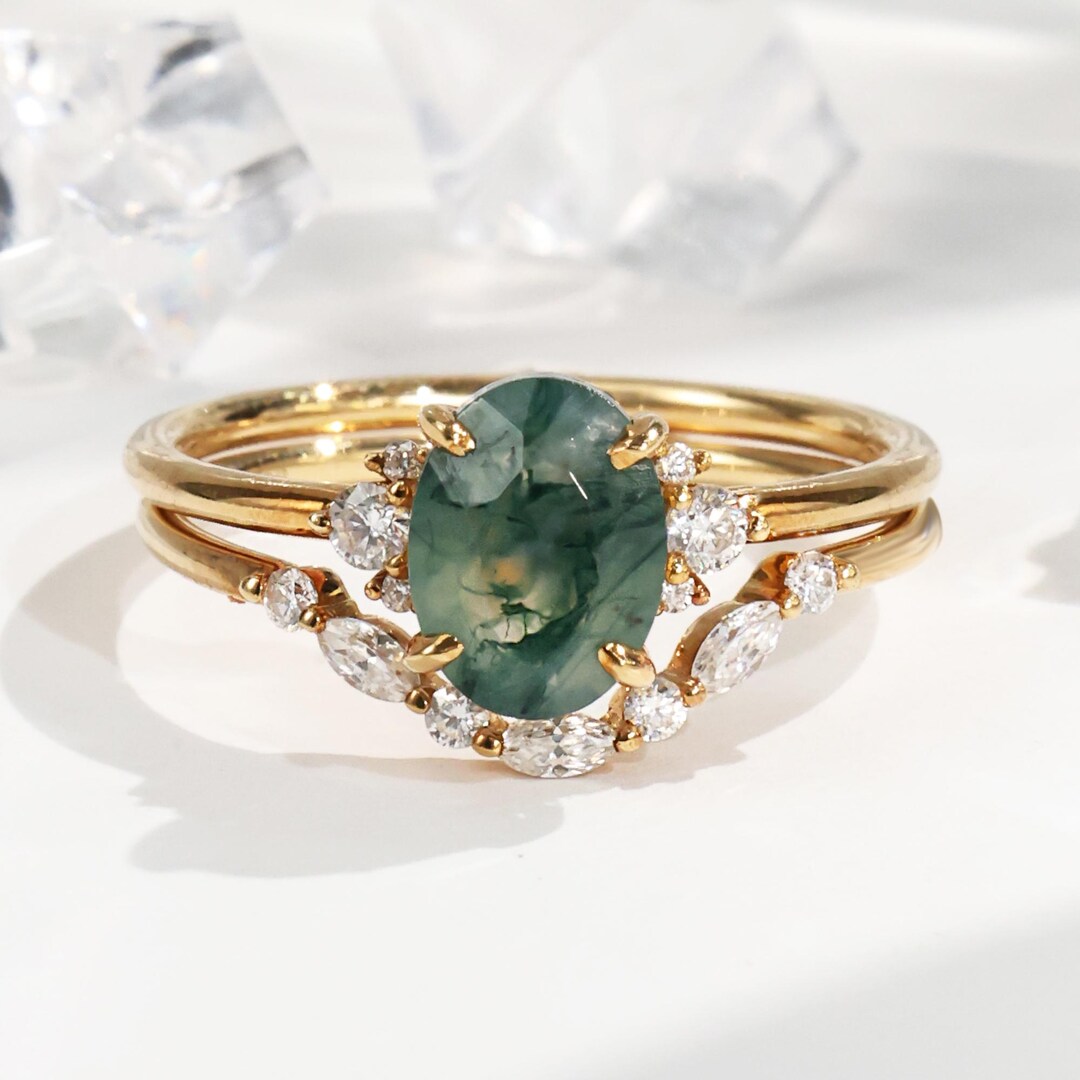 Moss Agate Stacking Ring Set,18k Solid Gold Ring, Dainty Moss Agate ...