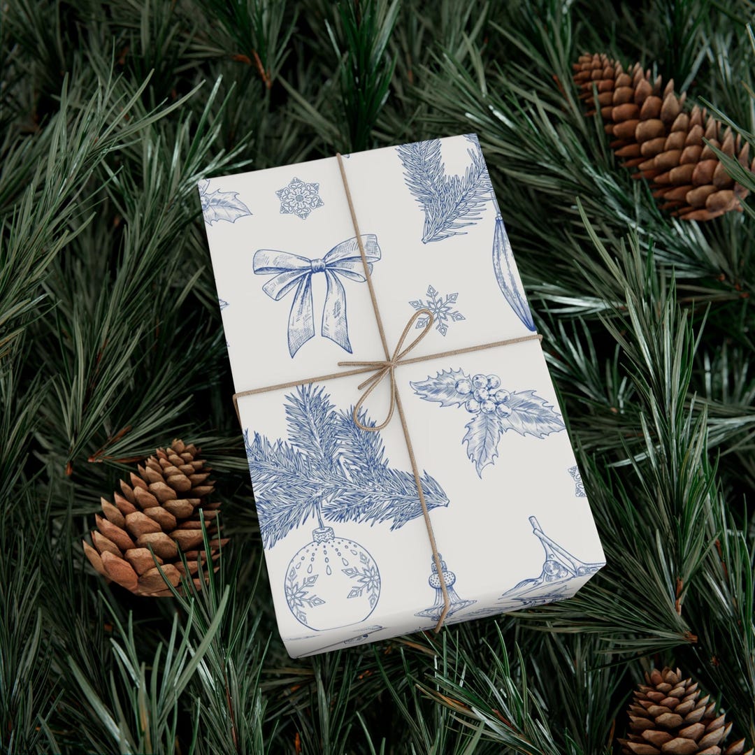 Vintage Elegant Winter Gift Wrap Paper Blue Botanical Design for ...