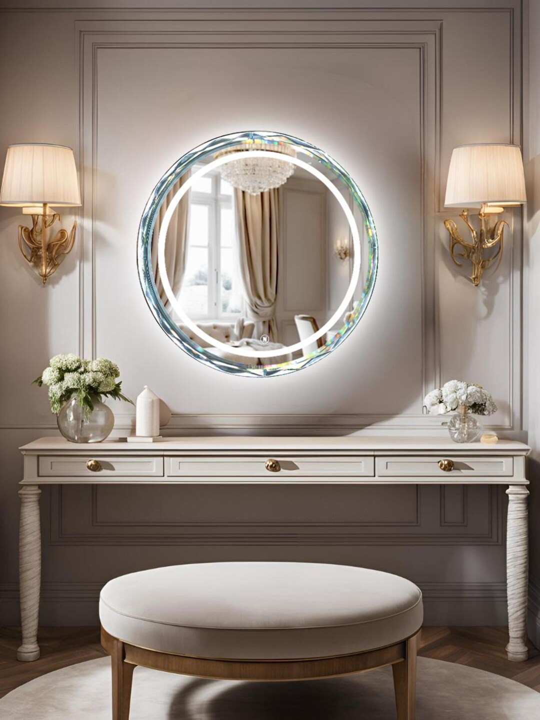 Round Mirror With High-end Crystal Framed LED Light, Grinding Crystal ...