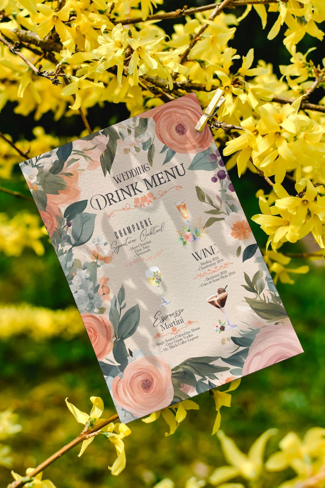 Floral Watercolor Drink Menu Template - Perfect for Weddings - Editable ...