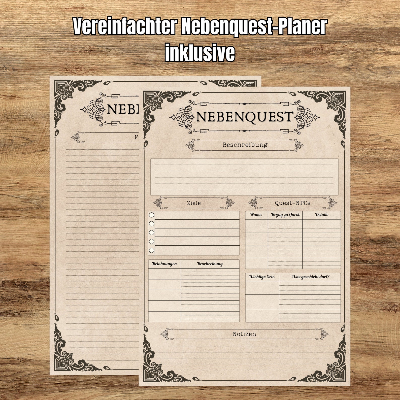 Dnd Quest Planner Main Quest and Side Quest German Printable and ...