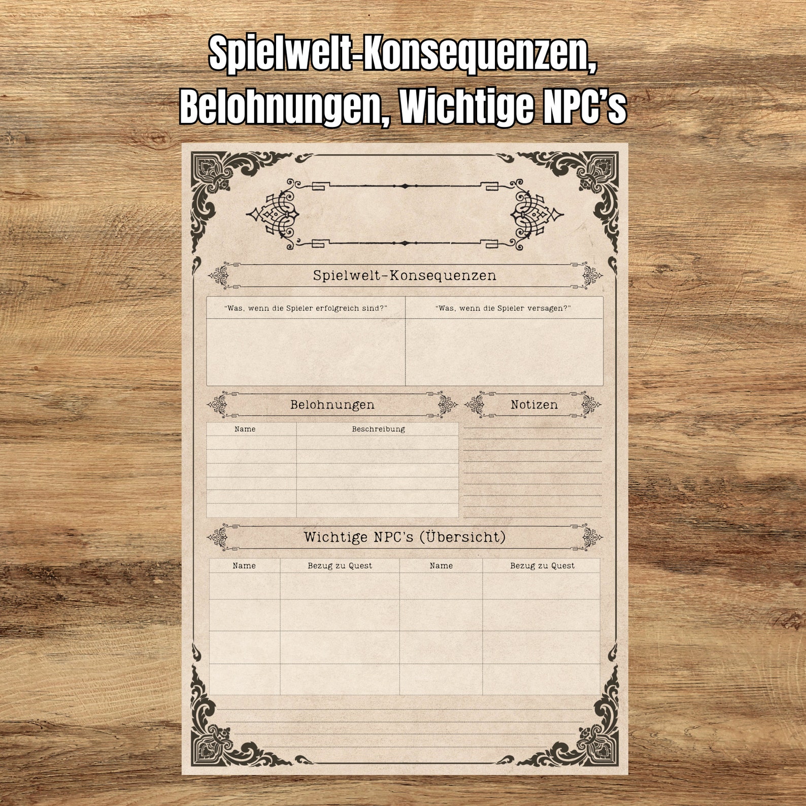 Dnd Quest Planner Main Quest and Side Quest German Printable and ...