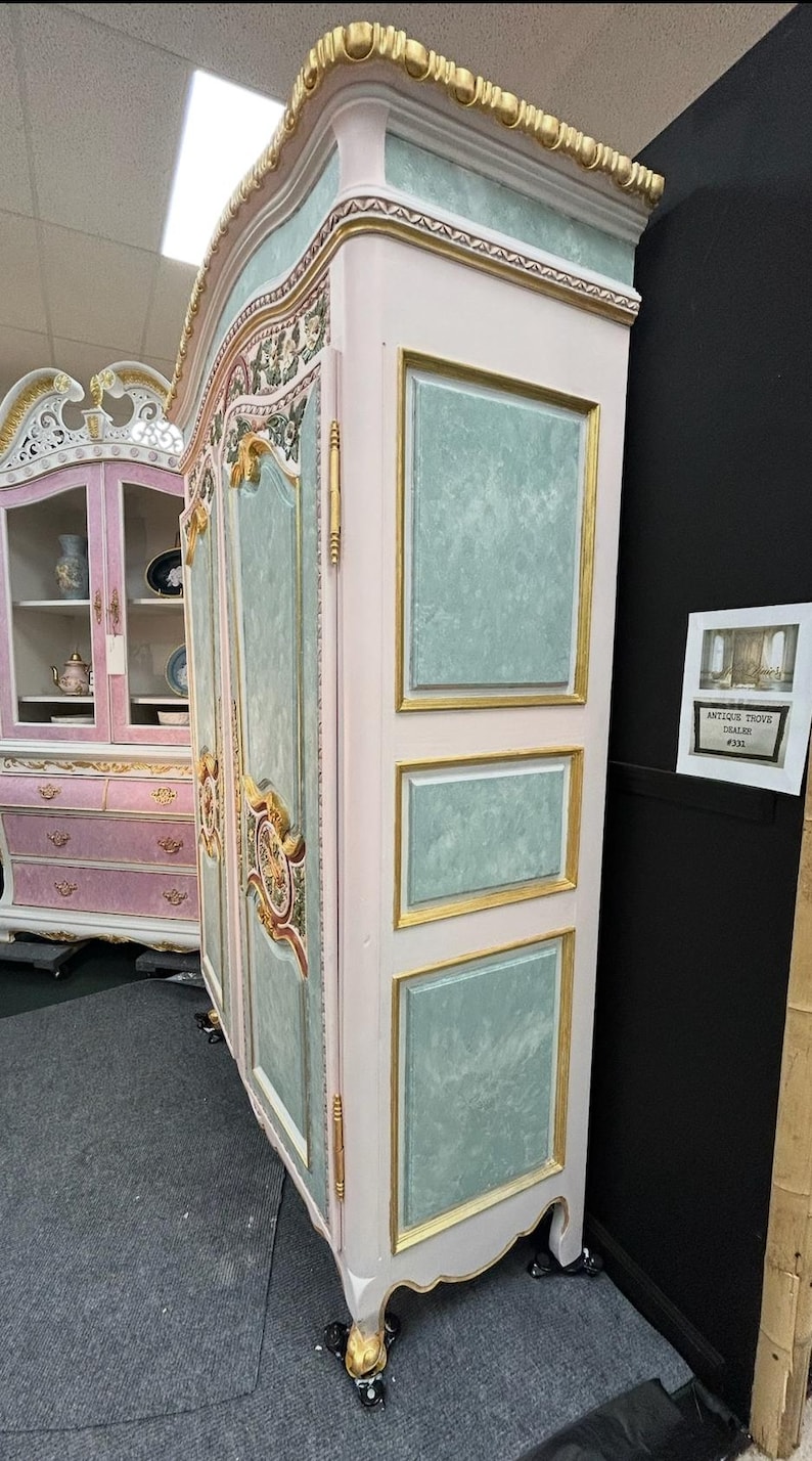 SOLD Lilimae French Wedding Armoire, Hand-painted Green & Pink W ...