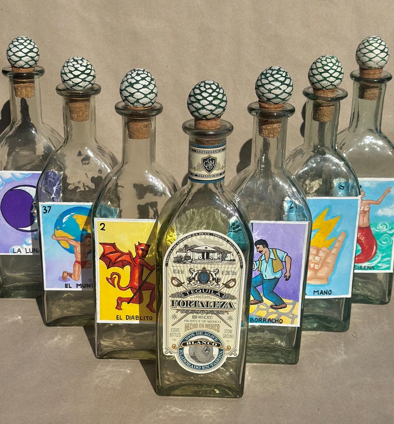 Hand-painted Loteria Themed Fortaleza Tequila Bottle (empty) - Etsy
