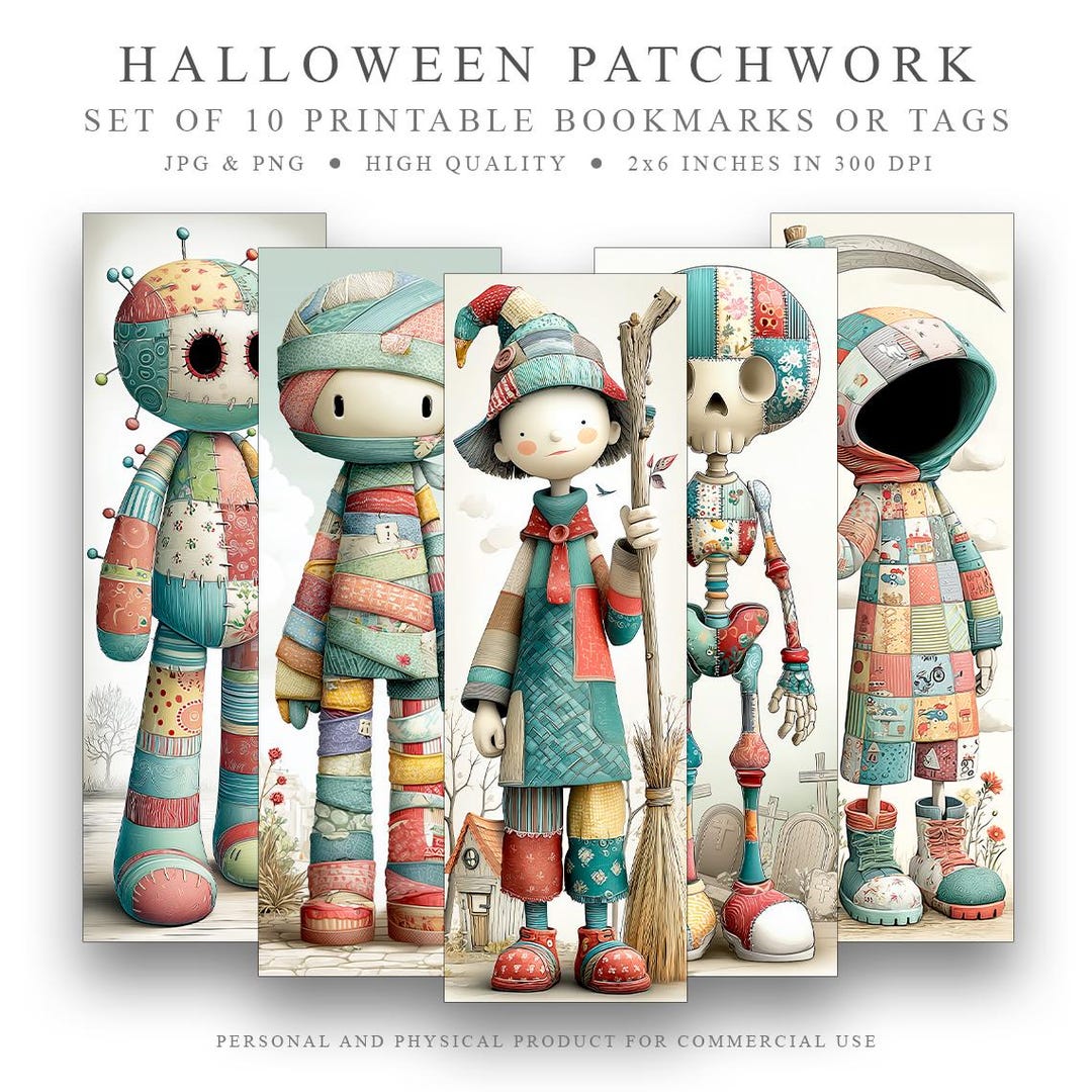 Patchwork Halloween Printable Bookmarks, Halloween Monsters Design ...