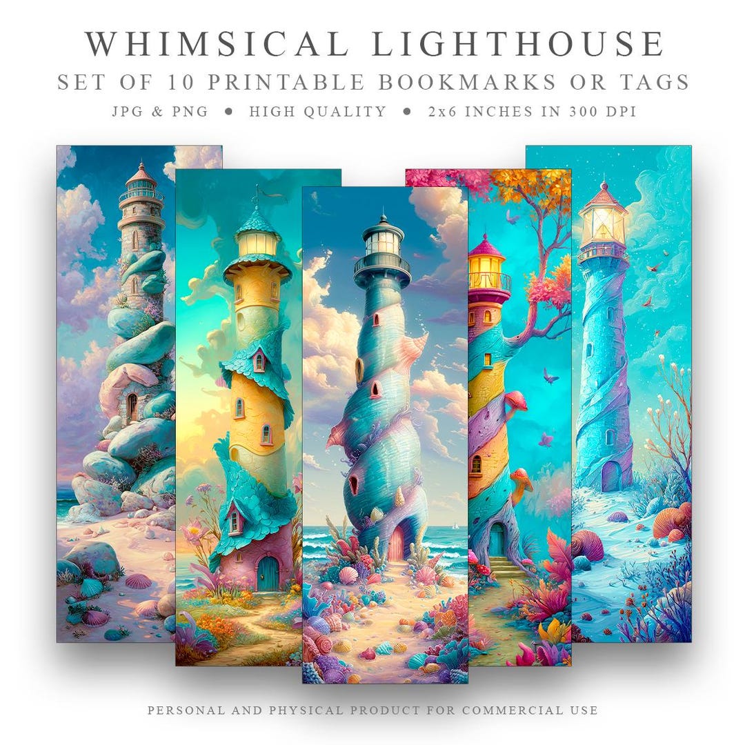 Whimsical Lighthouse Bookmarks: Fantasy Art, Printable Set (digital ...