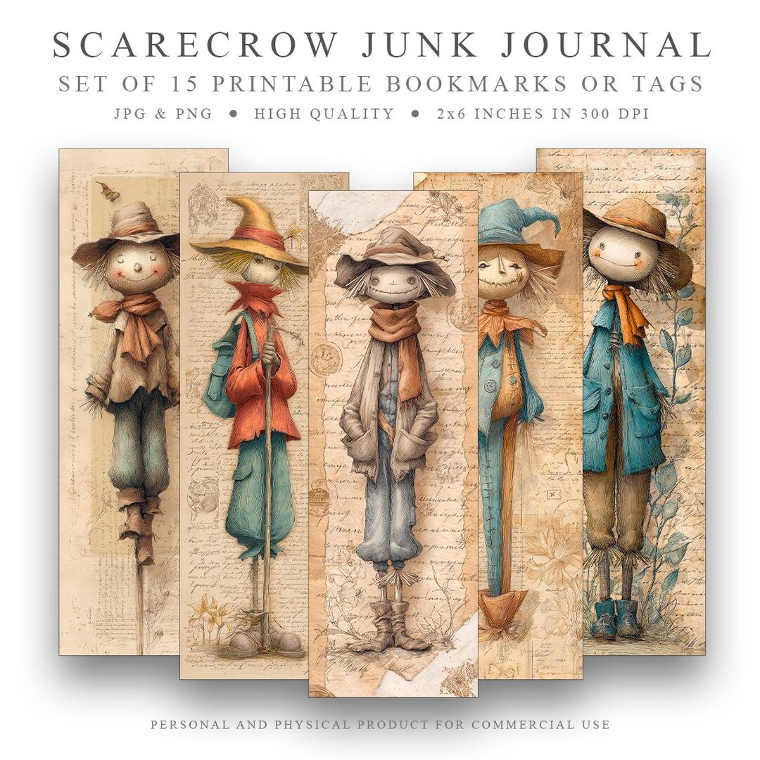 Scarecrow Bookmarks: Fall Junk Journal Printable Set (JPG, PNG Digital ...