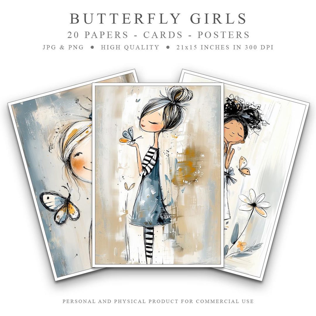 Butterfly Girls Art Print: Whimsical Illustration for Nursery (digital ...