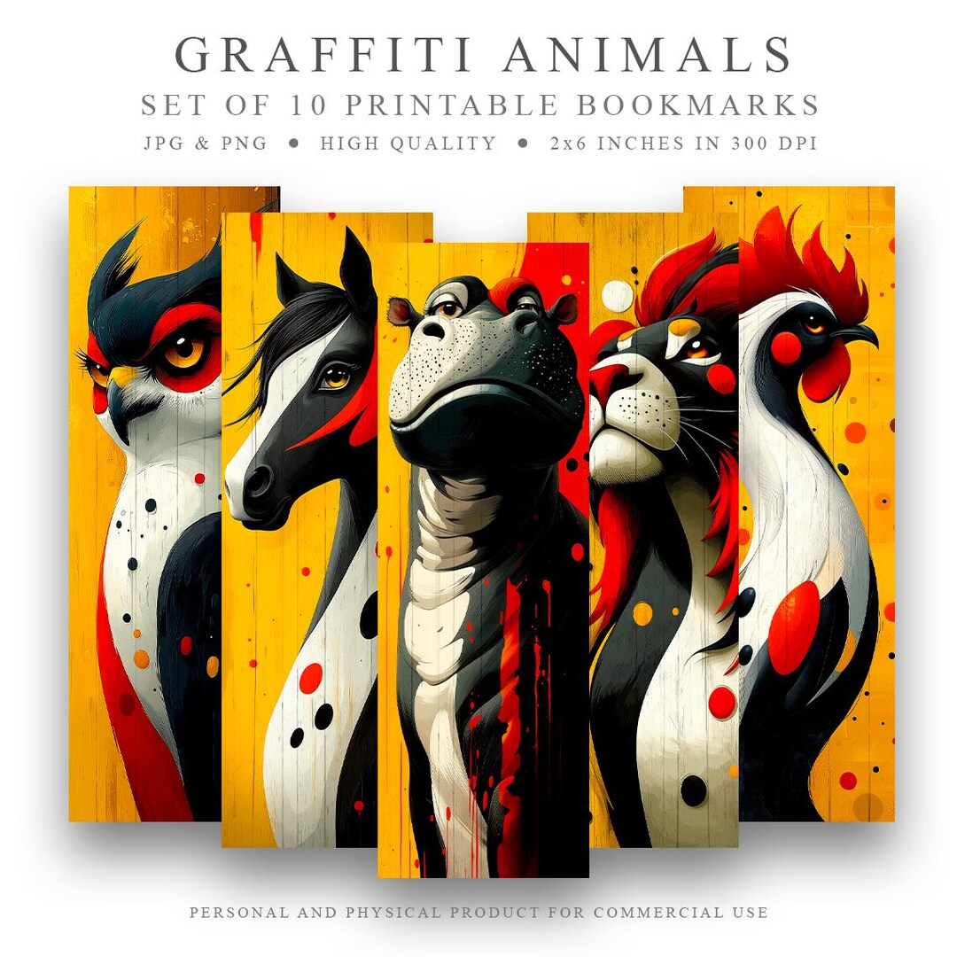 10 Graffiti Animals Printable Bookmarks Set, Digital Download JPG ...