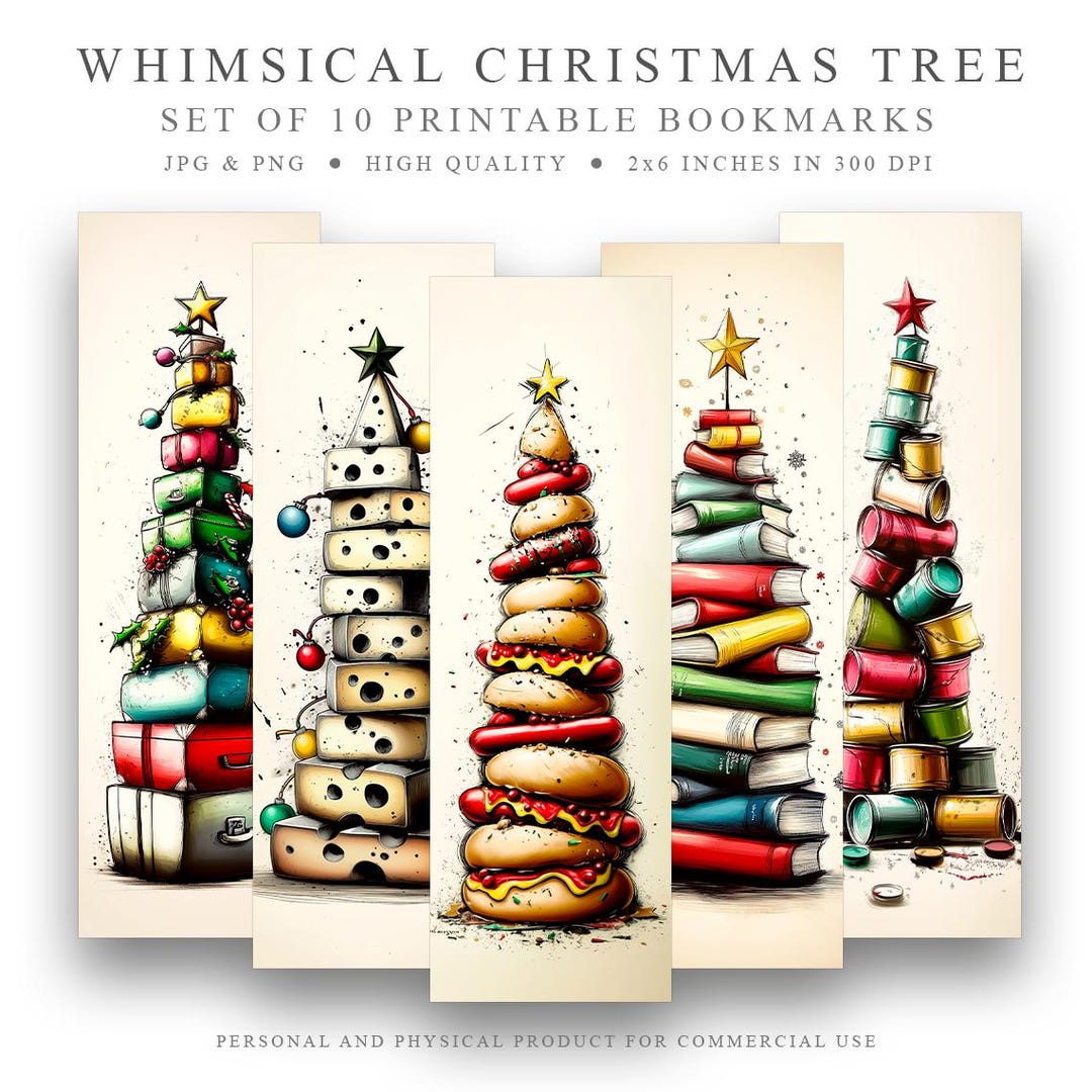 Whimsical Christmas Tree Bookmarks: Set of 10 Printable Designs (JPG ...