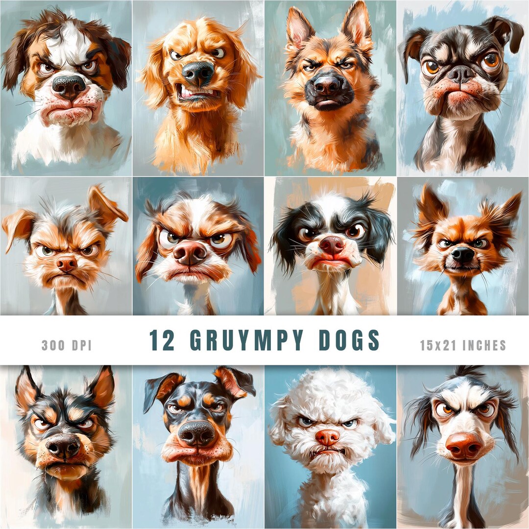 12 Grumpy Dogs, Paperset, Papercrafted, Artful Dog Poster, Wall Decor ...