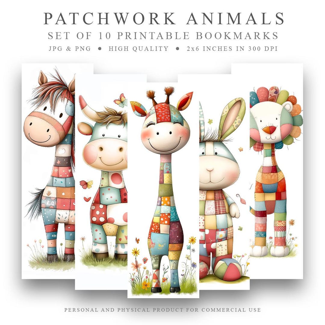 Patchwork Animals Printable Bookmarks: Whimsical Designs (digital ...
