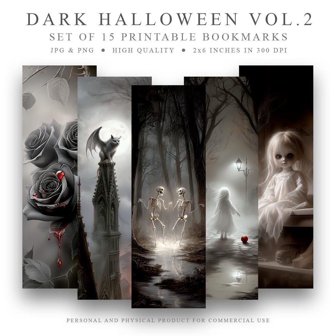 15 Dark Halloween Printable Bookmarks Set 2, Digital Download JPG ...