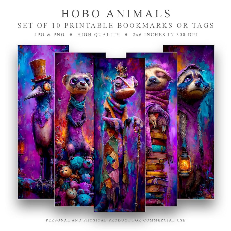 Whimsical Hobo Animal Bookmarks Set | Printable Bohemian Pets in Bright ...