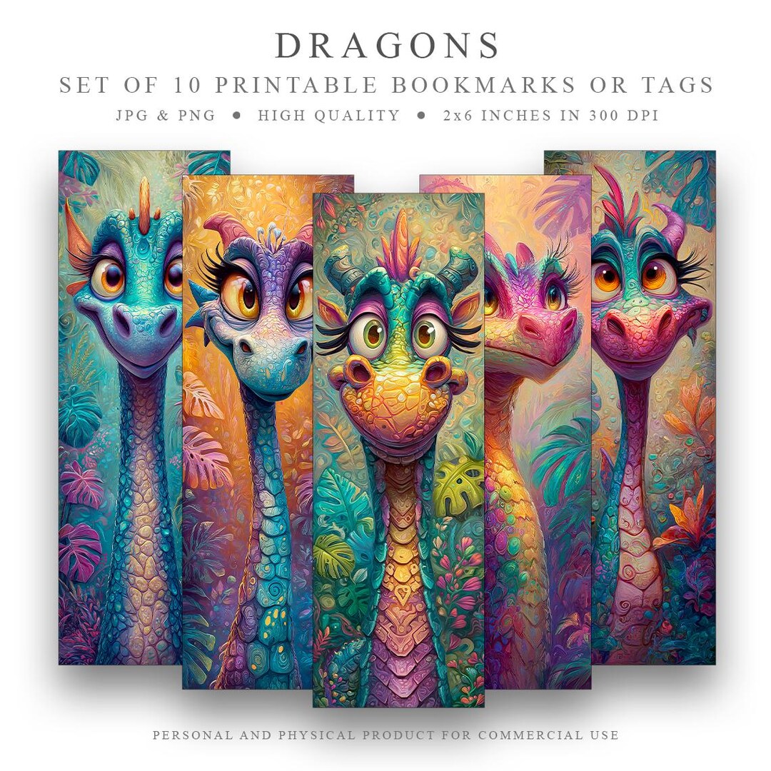 Colorful Dragon Bookmarks | Whimsical Fantasy Art Printable Digital ...