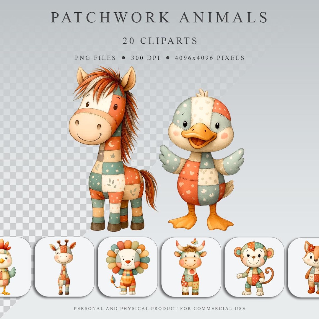 Lot de cliparts animaux en patchwork : images PNG pour chambre d'enfant ...