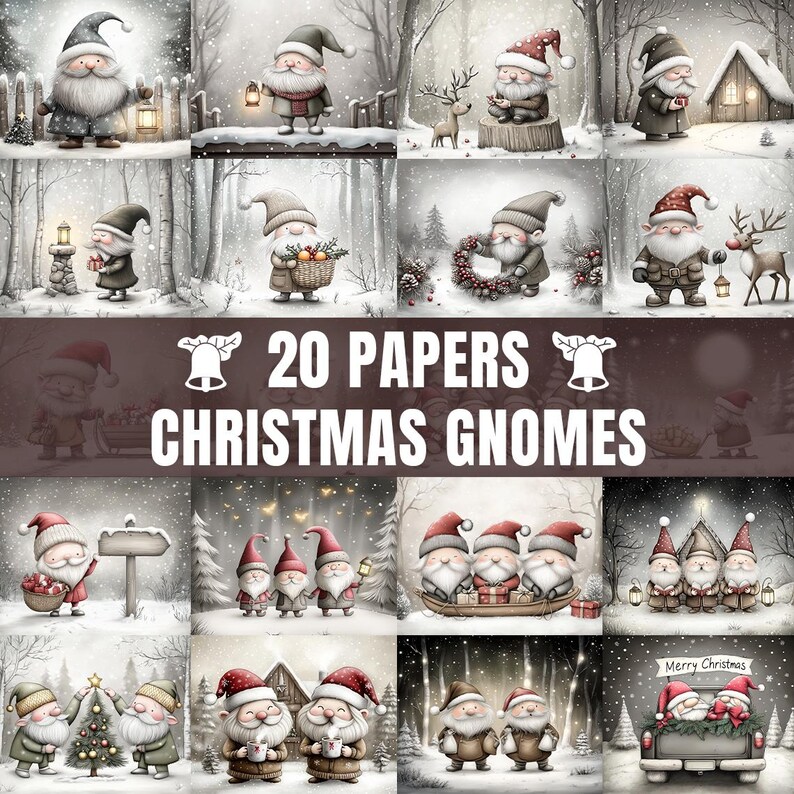 20 Christmas Gnomes Art Pages Digital Download JPG Paper Set Digital Paper Craft Gnome Gonk ...