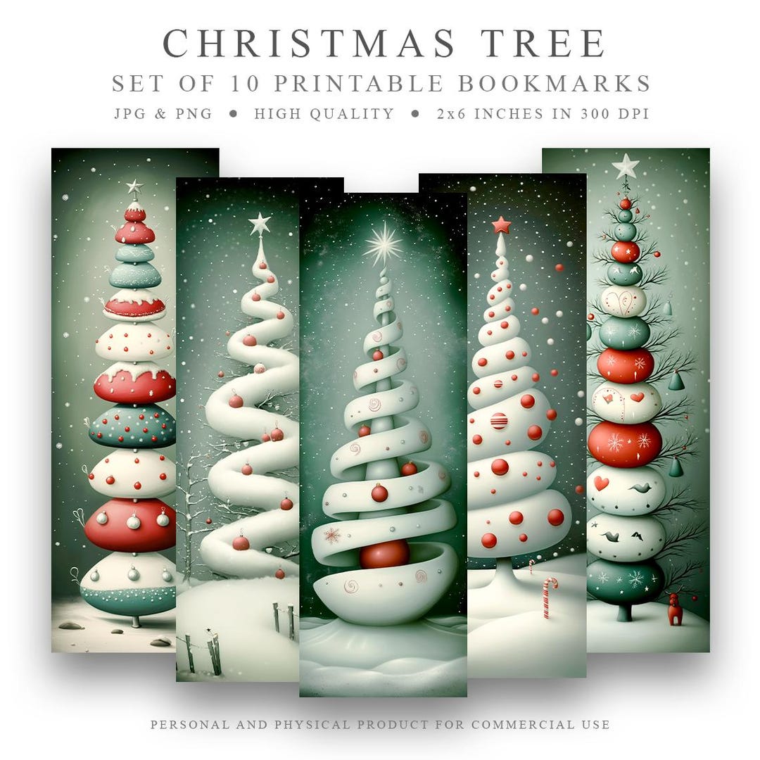 10 Christmas Tree, Bookmarks Set, Digital Download JPG Bookmark, PNG ...