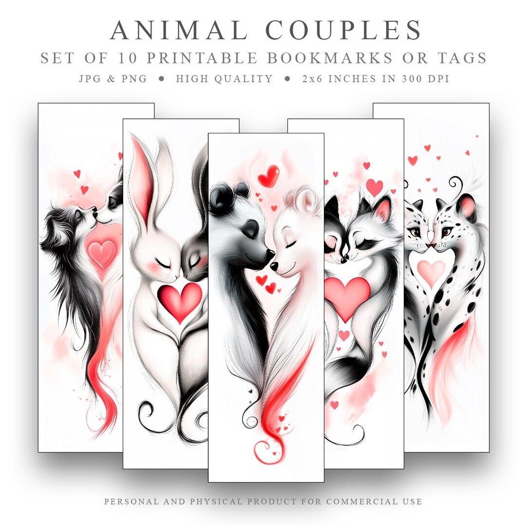 Animal Couples Bookmarks Set, Romantic Printable Bookmarks for ...