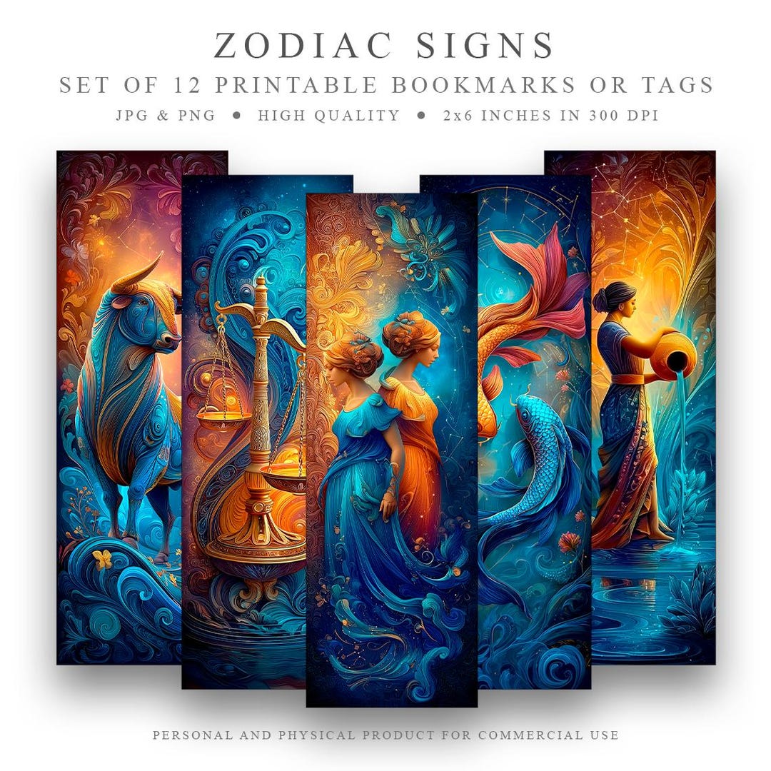 Zodiac Sign Bookmarks: Astrology Art, Printable Bookmarks Set (digital ...