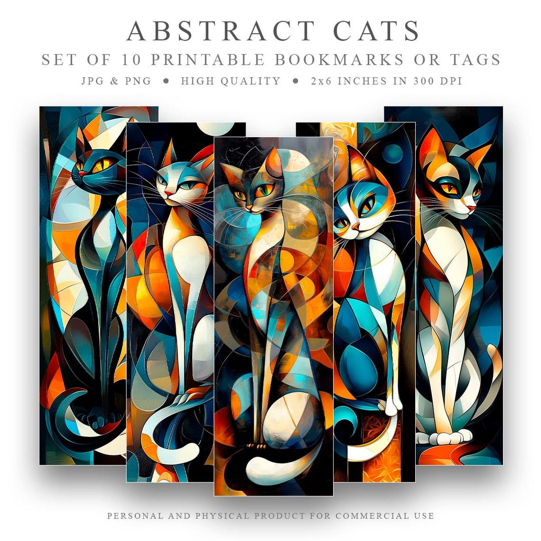 10 Abstract Cats Bookmarks Set, Digital Download JPG Bookmark, PNG ...