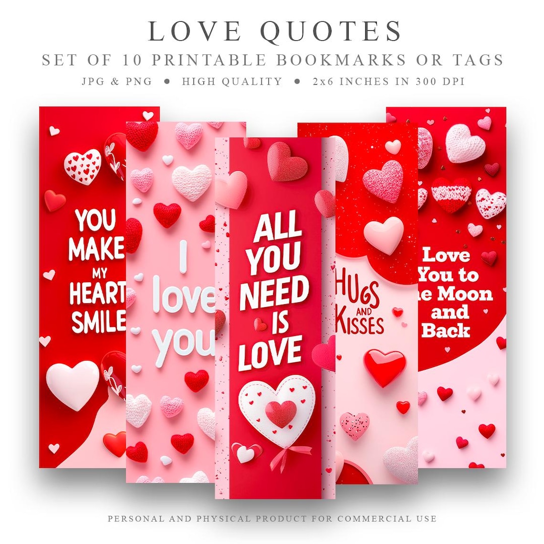 10 Love Quotes, Tags, Bookmarks Set, Digital Download JPG Bookmark, PNG ...