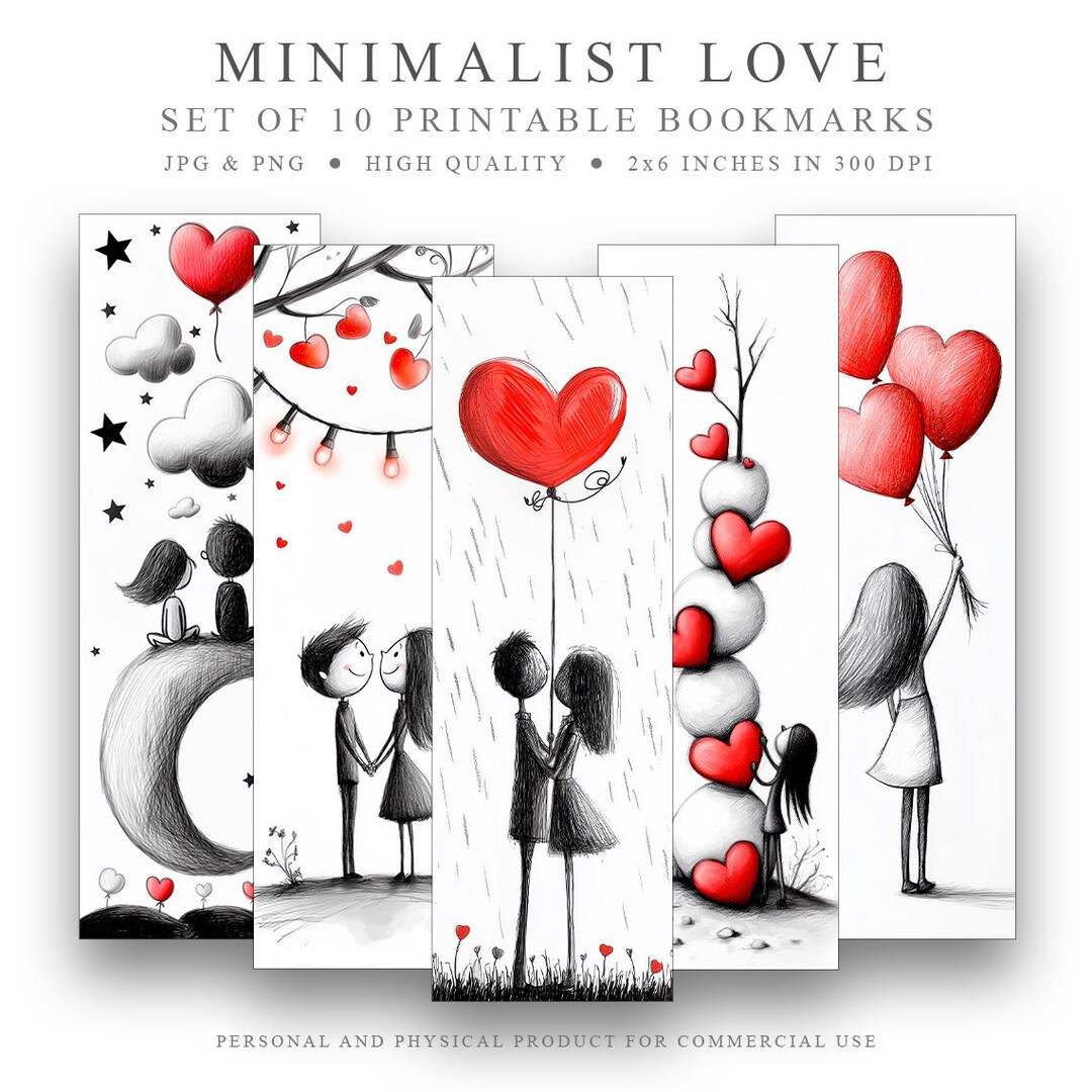 10 Minimalist Love Bookmarks Set, Digital Download JPG Bookmark, PNG ...