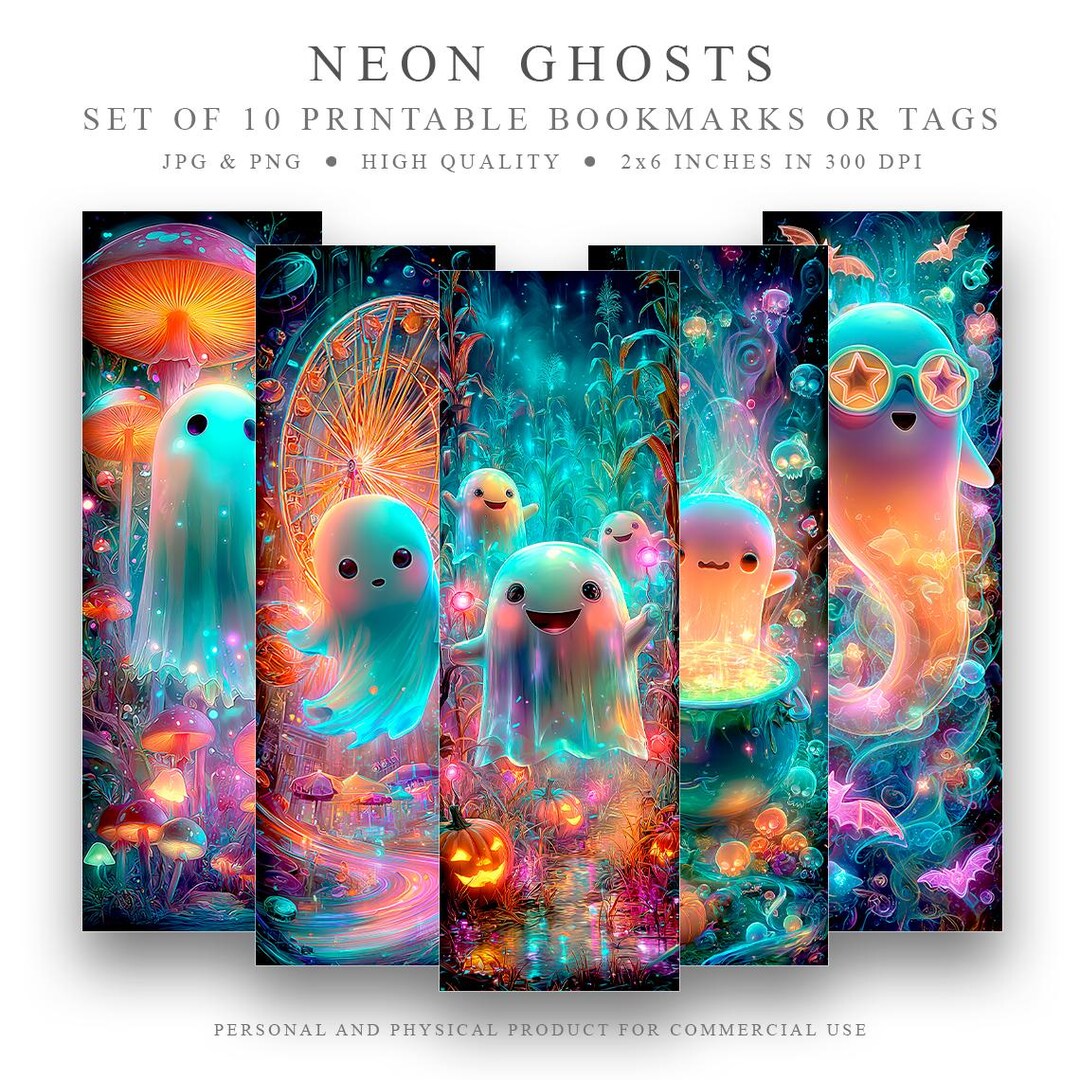 Neon Ghosts Bookmarks: Spooky Halloween Printable Set (JPG & PNG ...