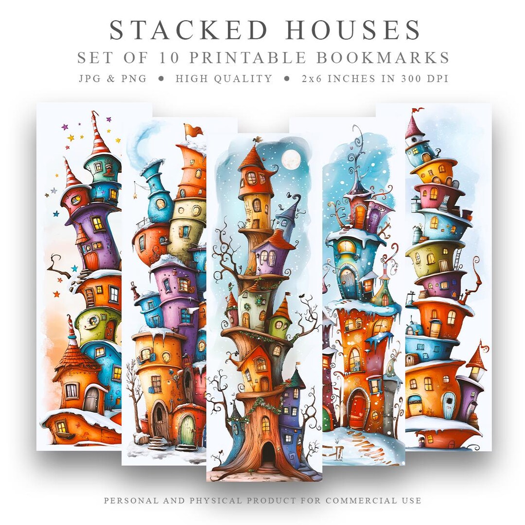 Stacked Houses Bookmarks Set: Whimsical Printable Bookmarks (digital ...