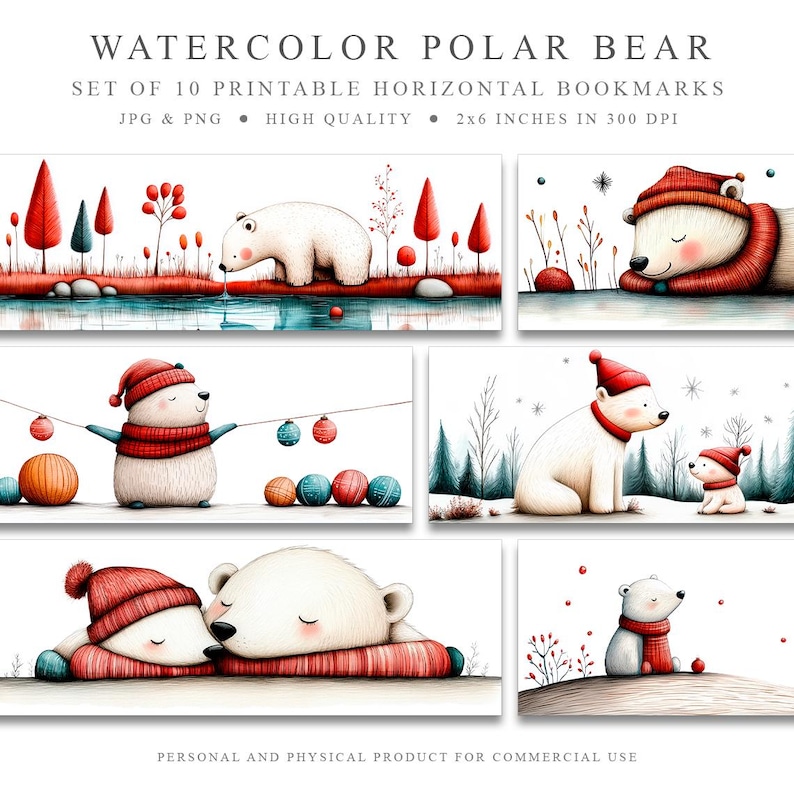 10 Polar Bear Horizontal Bookmarks Set, Digital Download, Christmas ...