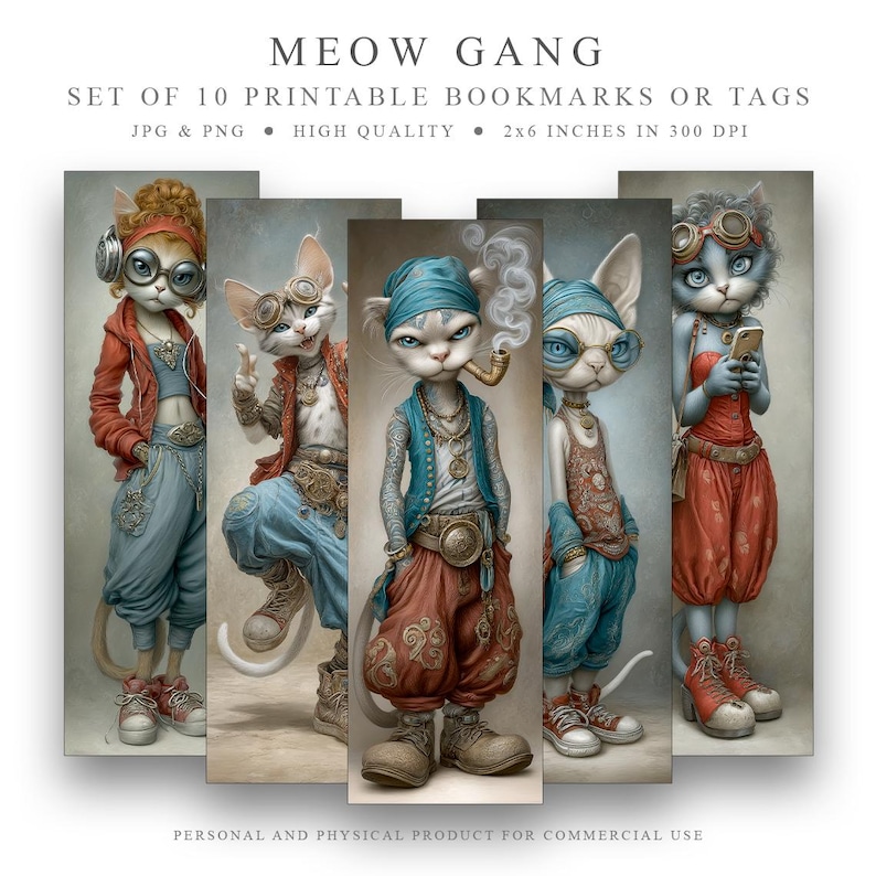 Meow Gang Bookmarks, Printable Urban Cats Set, Digital Download (JPG ...