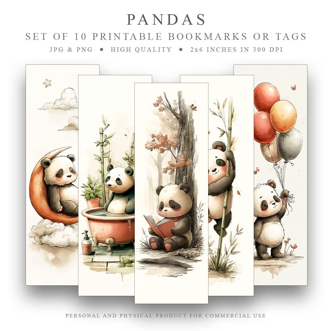 Pandas Bookmarks Printable Set of 10, Cute Animal Digital Download, PNG ...