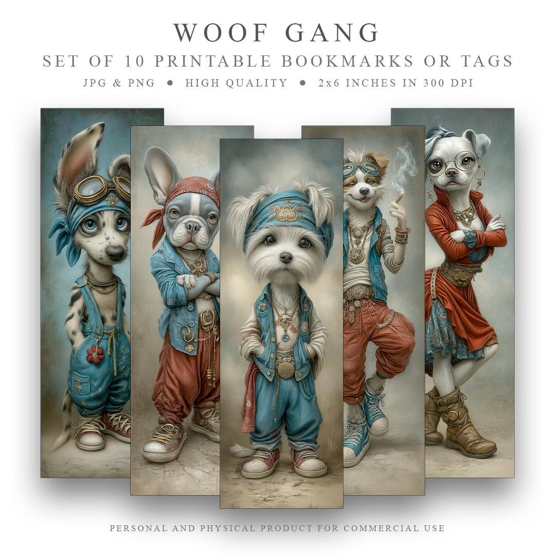 Woof Gang, 10 Bookmarks, Printable Bookmarks Set, Digital Download JPG ...