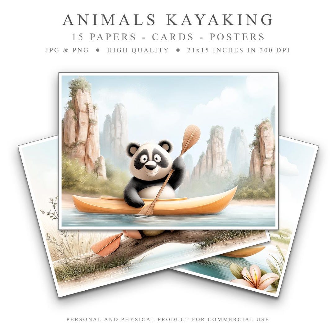 Animals Kayaking Paper Set - 15 Cute Cards & Posters, Travel World ...