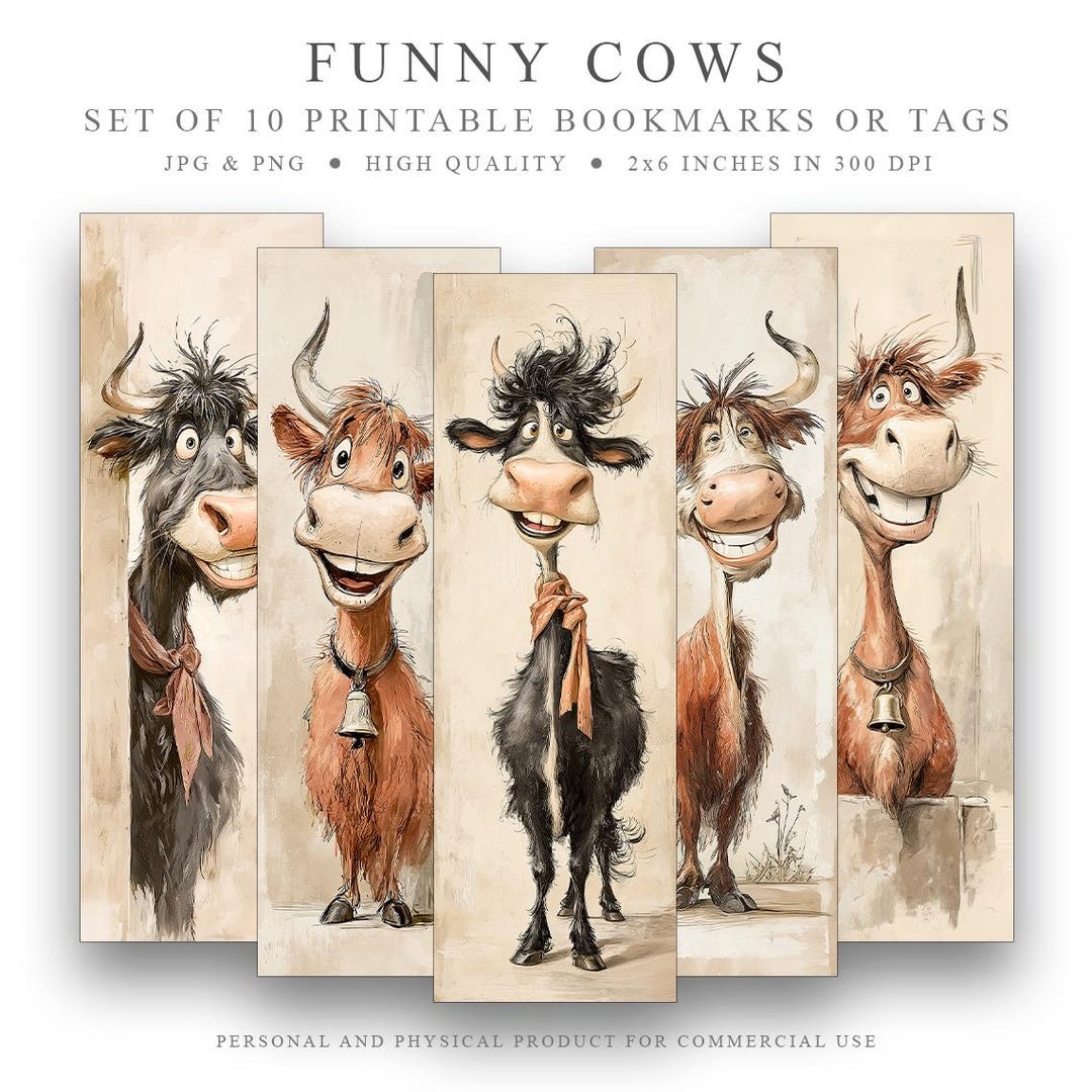 10 Funny Cows Printable Bookmarks Set, Digital Download JPG Bookmark ...