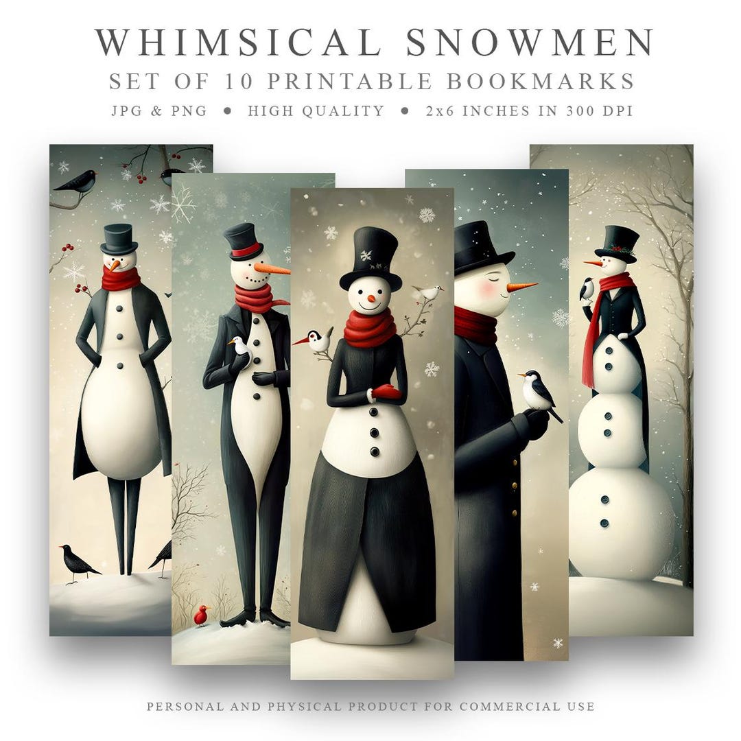 10 Snowmen Printable Bookmarks Set, Digital Download JPG Bookmark, PNG ...