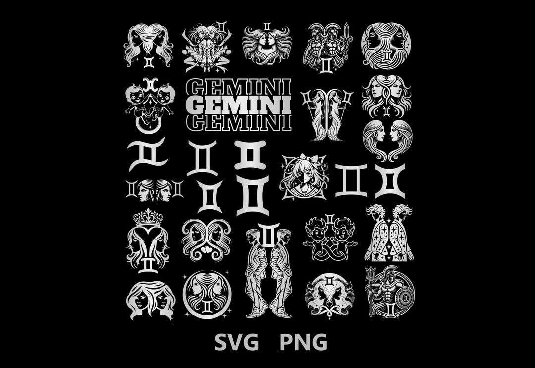 Silver Gemini SVG Bundle, Zodiac Sign Theme PNG SVG Cut Files, Digital ...