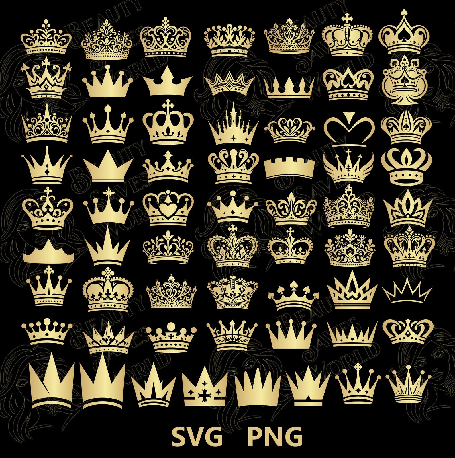 Gold Crown SVG PNG Bundle, 64 SVG Files for Cricut and Silhouette ...