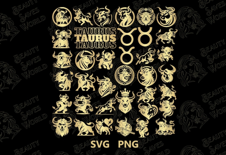 Gold Taurus SVG Bundle, Bull Theme PNG SVG Cut Files, Digital Download ...
