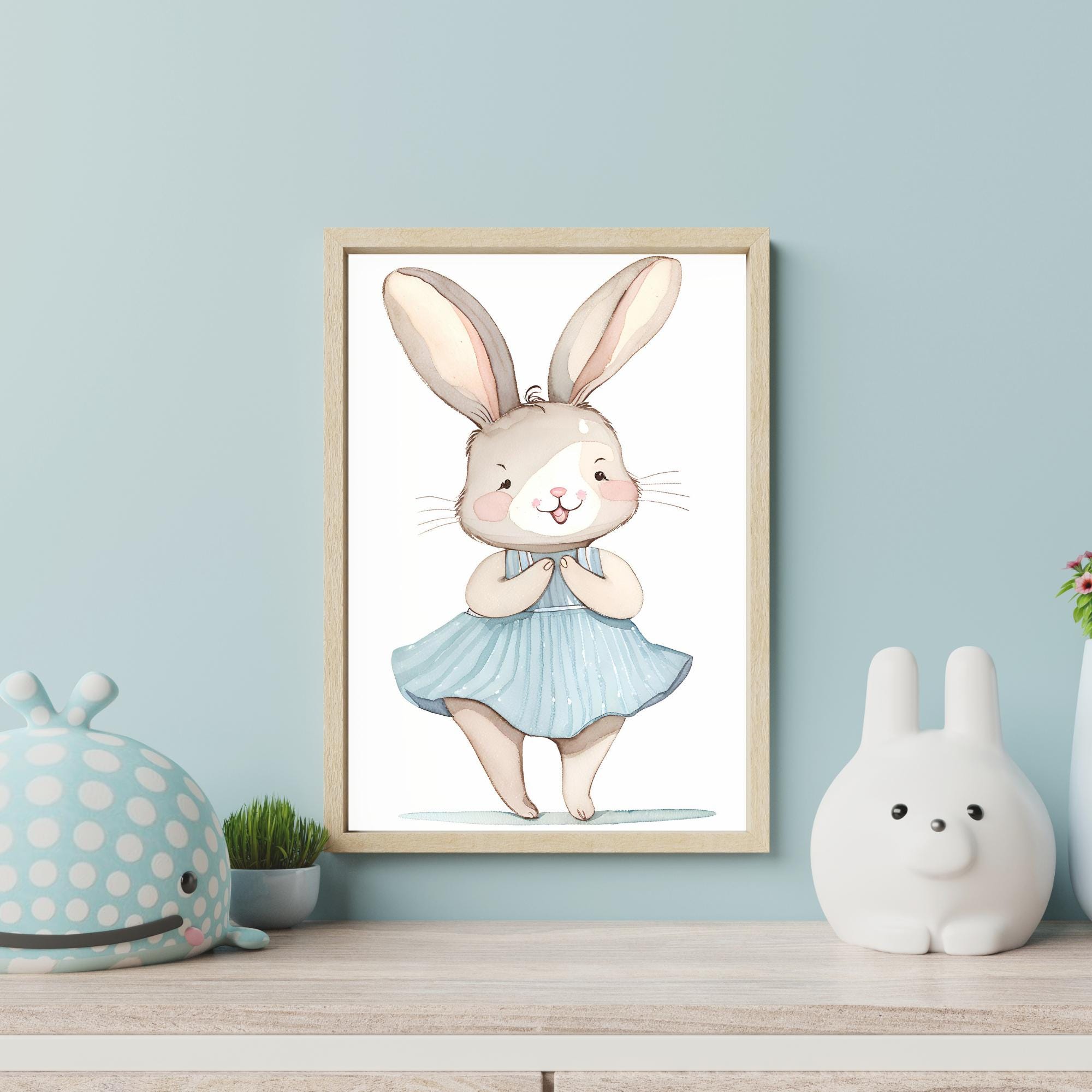 Cute Watercolor Bunny Poster Adorable Digital Wall Art for Kids' Room ...
