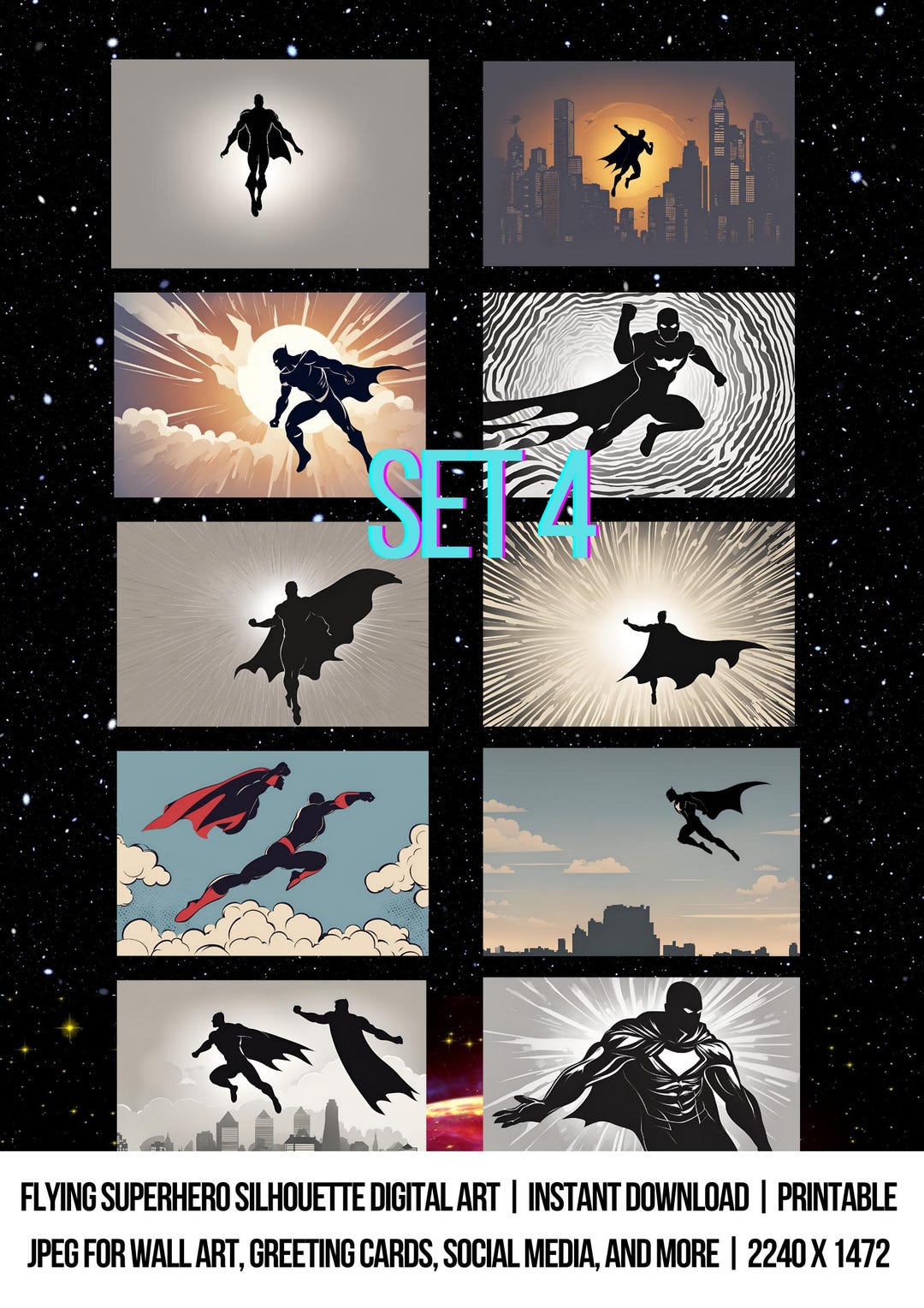 Set 4 | Flying Superhero Silhouette Digital Art | Instant Download ...