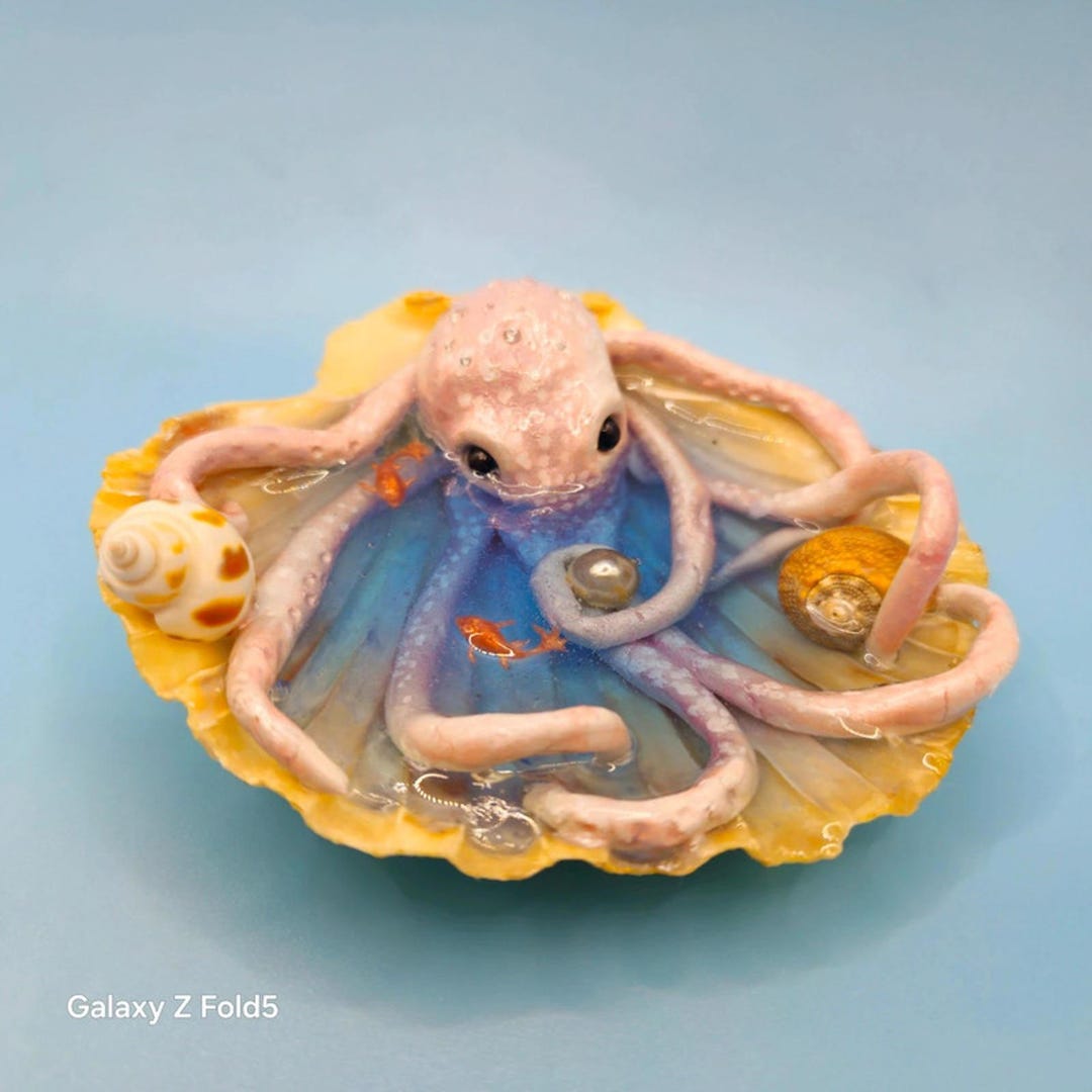 Handmade Octopus Clam Shell Sculpture Swarovski Crystal Pearl Resin ...