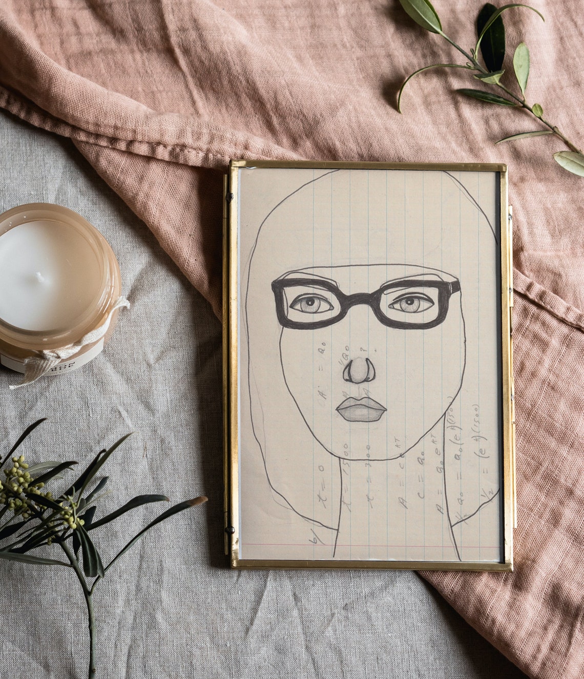 Female Line Art Portrait on Vintage Math Homework. Smart Girl in ...